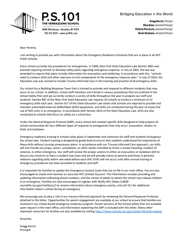 Emergency Readiness and Safety Information | PS 101 The Verrazzano School