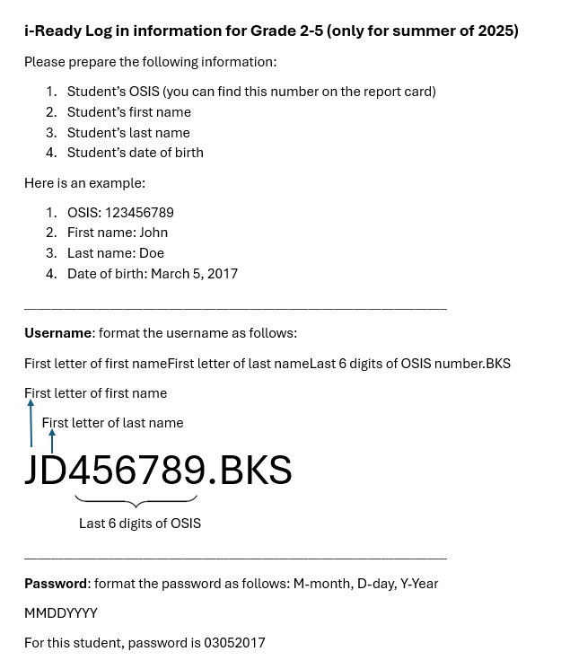 i-Ready Log In Information for Grades 2-5 (Only for Summer of 2025 ...