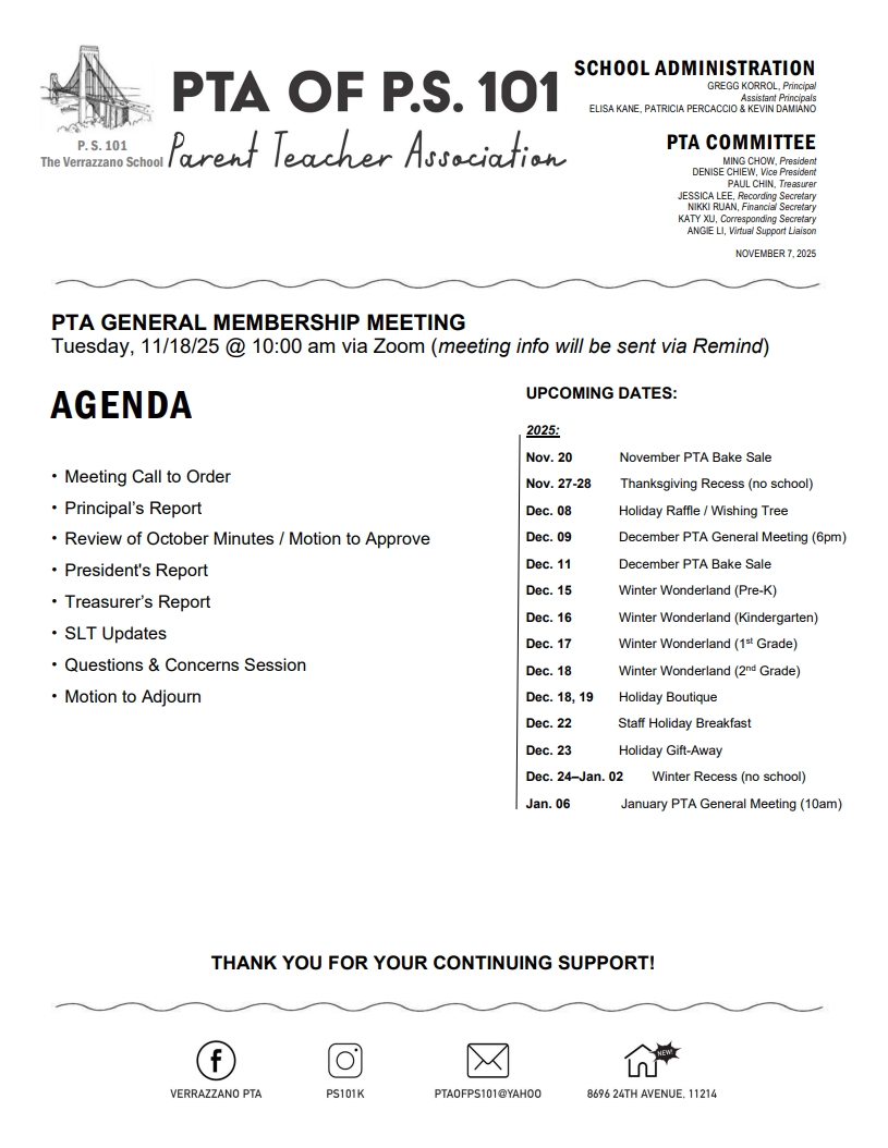 PTA General Membership and PAC Meeting on November 18th | PS 101 The ...